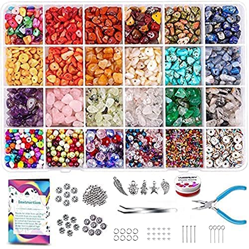 Yholin Crystals Beads for Jewelry Making Supplies Kit, Gemstone Crystal Stone Chip Beads with Spacer Stone Beads Pliers Jump Rings Elastic String for DIY Necklace Bracelet Earring Jewelry Making