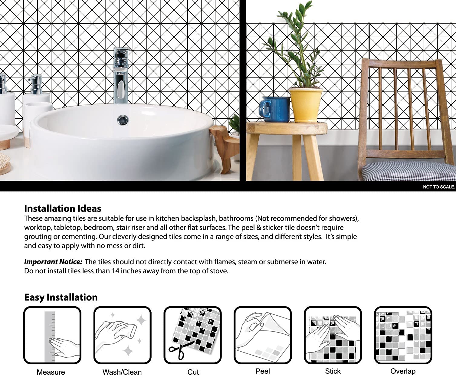 LONGKING 10-Sheet Peel and Stick Tile for Kitchen/Bath Backsplash Small Tiles - White Triangle Pattern Tiles with Black Grout