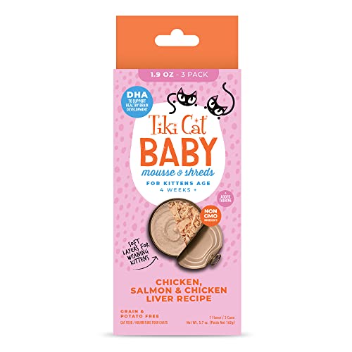 Tiki Cat Baby Mousse & Shreds, Chicken, Salmon, and Chicken Liver, High-Protein, Wet Cat Food for Kittens 4 Weeks+, 1.9 oz. Cans (Pack of 3)