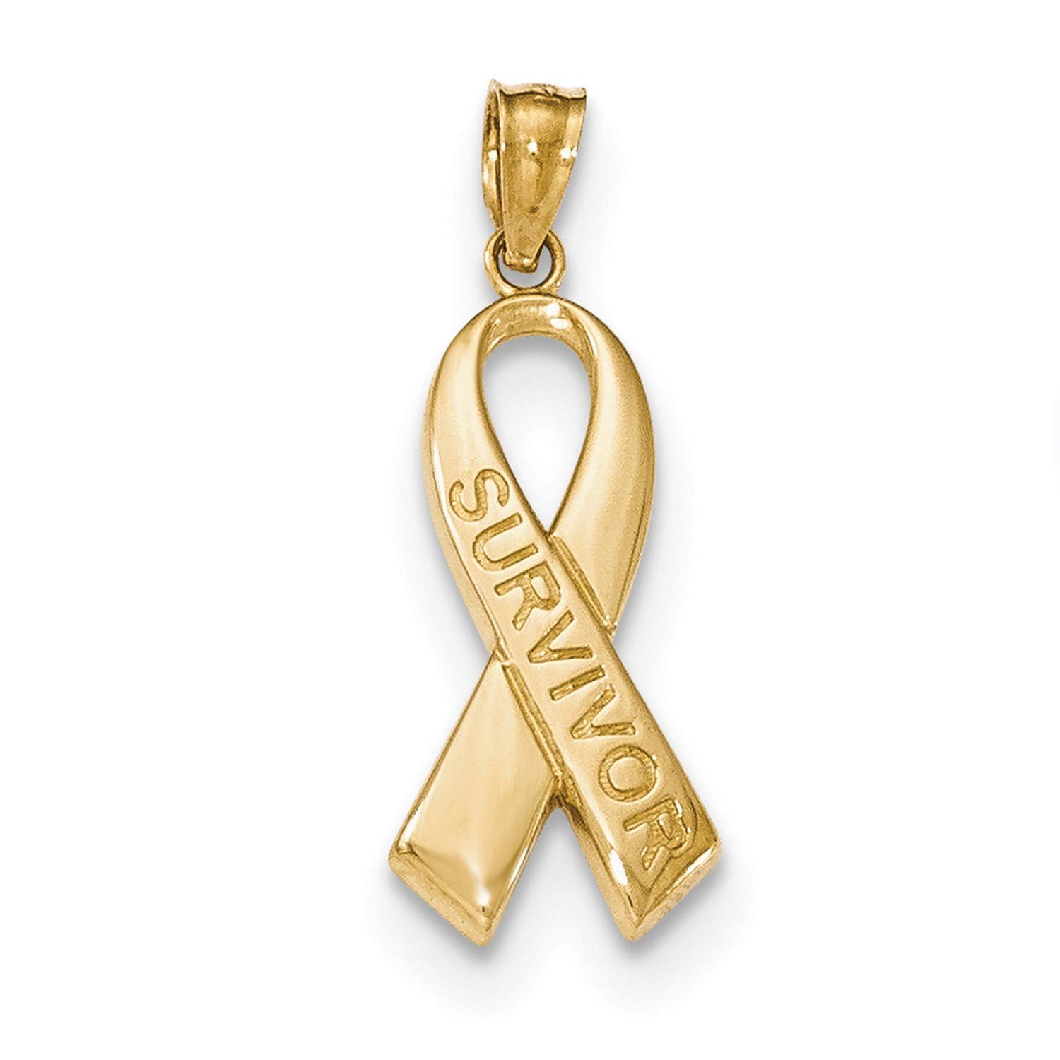 Jewelry Stores Network 14k Yellow Gold Polished Survivor Word On Cancer Awareness Ribbon Pendant 26 mm x 11 mm