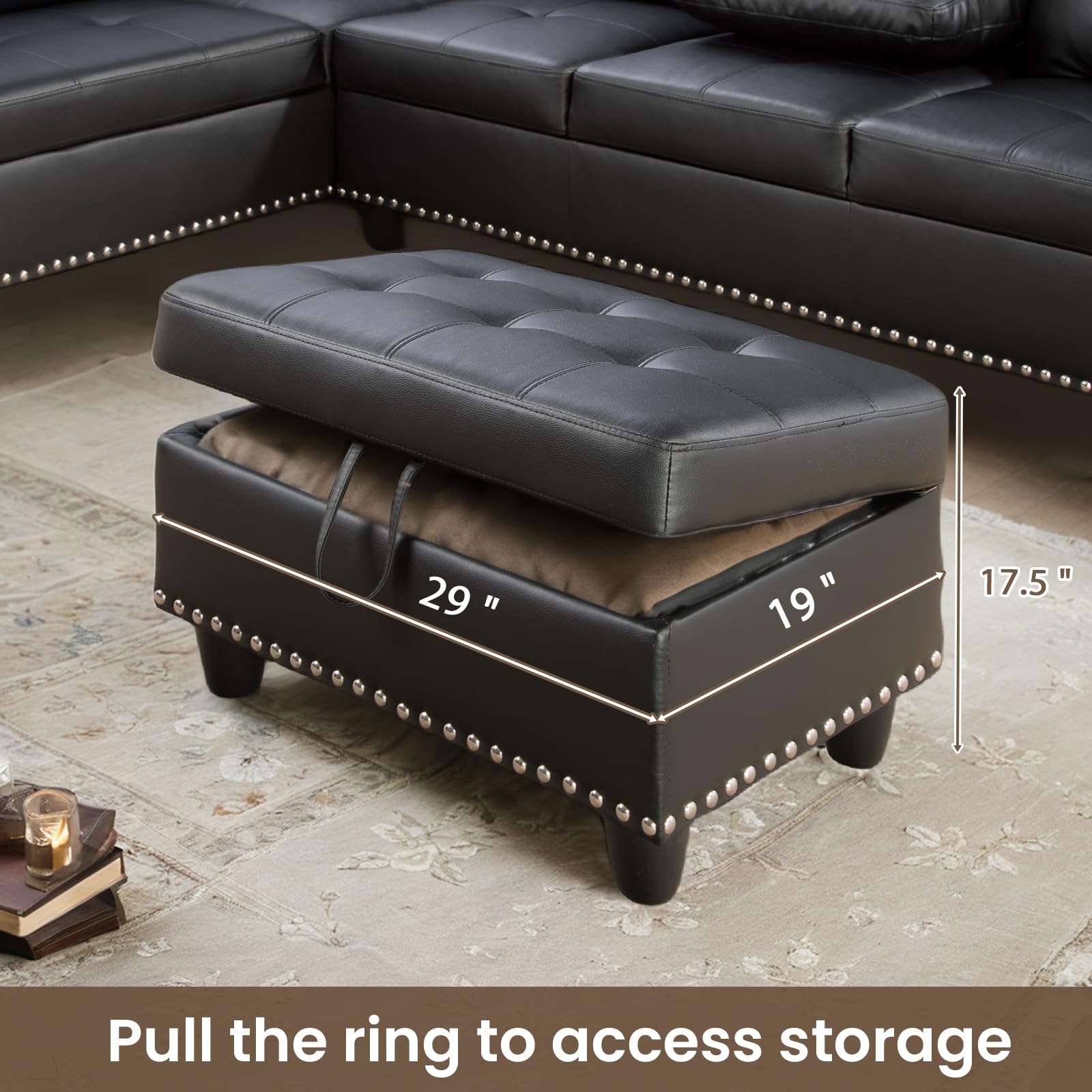 Yafylly L Shaped Sectional Couch, Living Room Furniture Set with Storage Ottoman, Deep Seat Modular Sofa with 2 Cup Holders, 2 Throw Pillows for Large Space, Black