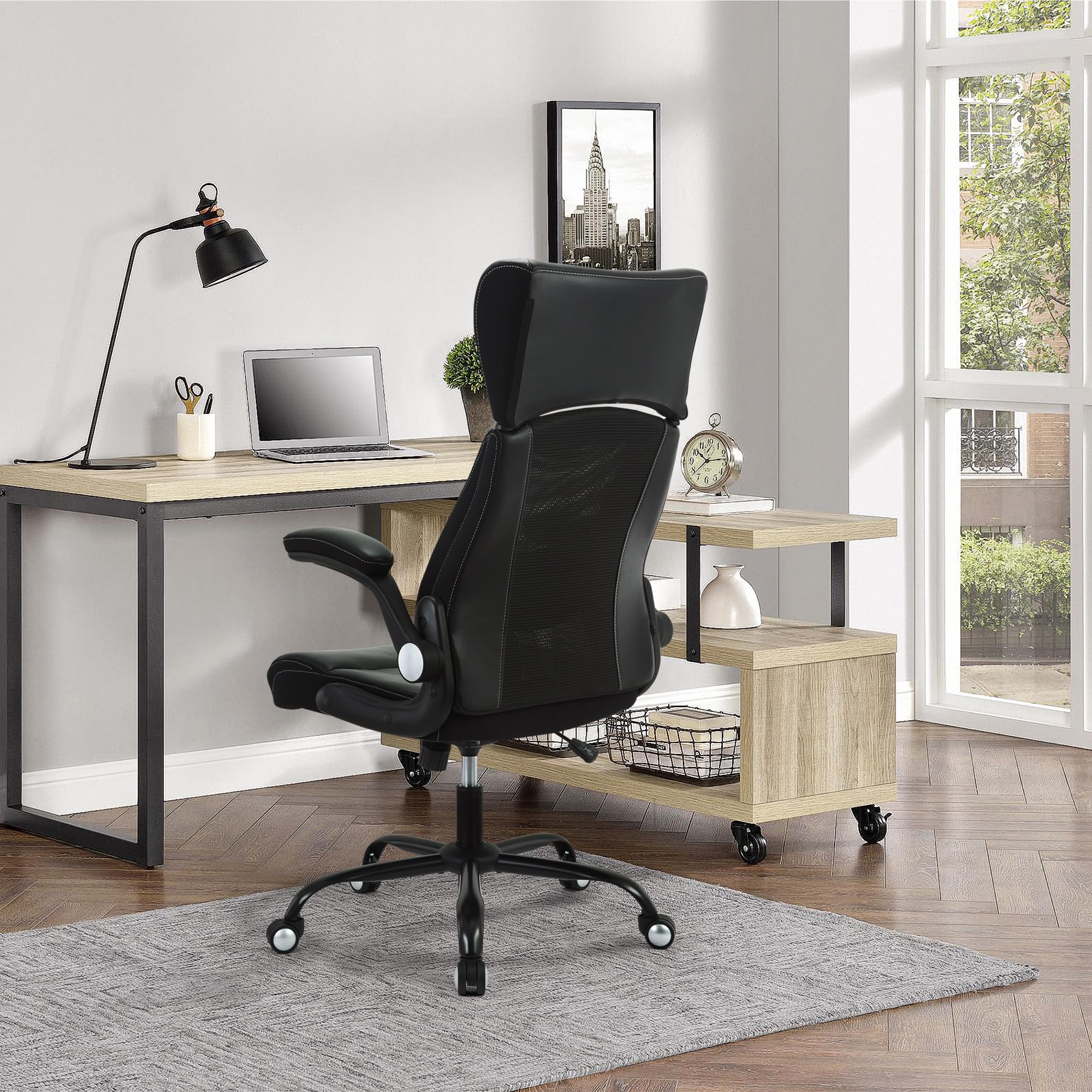 SOERGO Home Office Chair, Ergonomic Desk Chair with Lumbar Support, Faux PU Leather Cushion Mid Back Mesh Executive Computer Chair-Adjustable Headrest, Armrest, Height for Home Office Gaming, Black