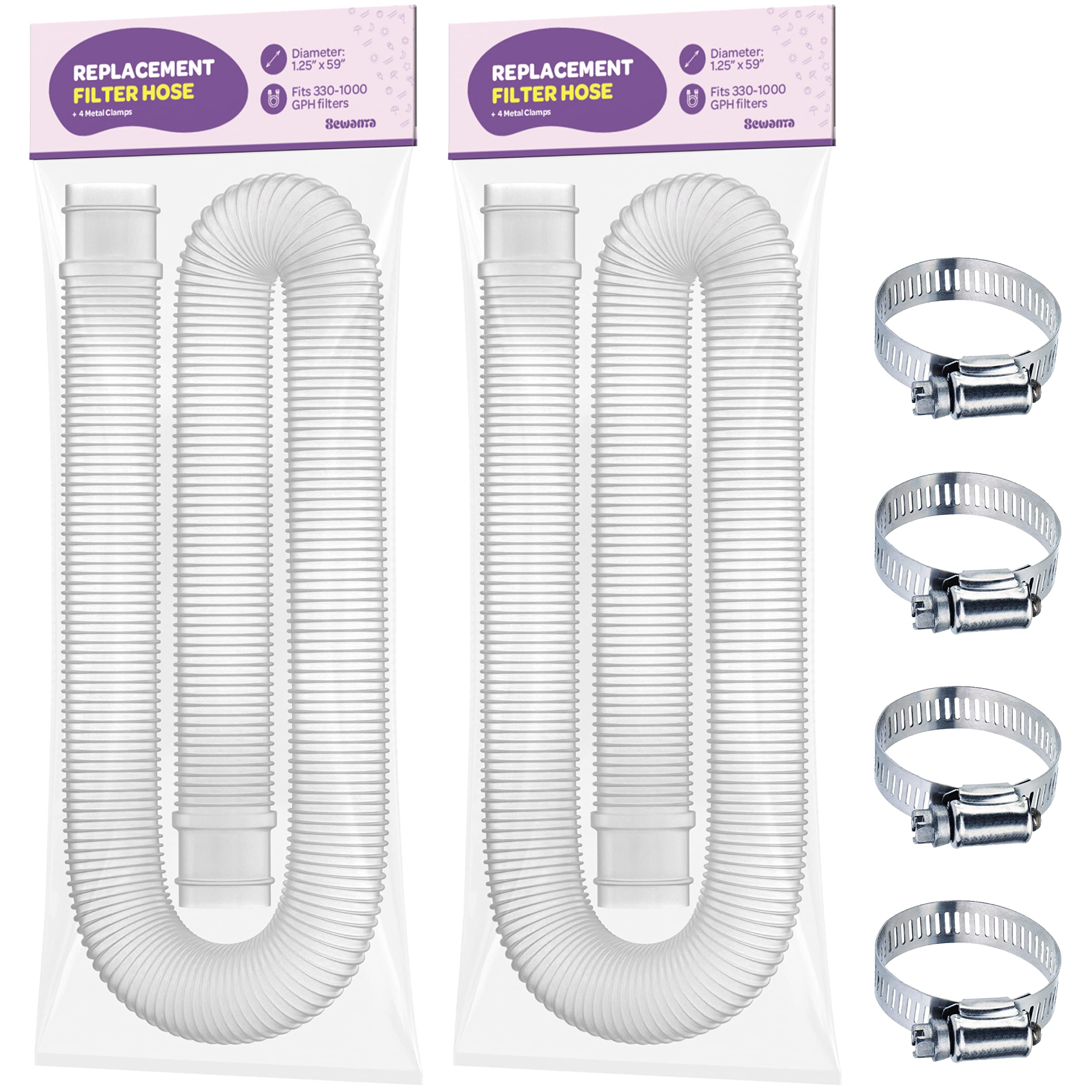 Replacement Hose For Above Ground Pools [Set of 2] 1.25" Diameter Accessory Pool Pump Replacement Hose 59” Long - Filter Pump Hose For Intex Pump Models #607#637. Bundled With 4 SEWANTA Metal Clamps