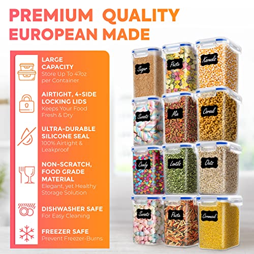 Mueller Airtight Food Storage Container Set with Lids β 14-Piece, Kitchen & Pantry Organization and Storage, Dishwasher, Freezer and Microwave Safe β 14 Labels, 4 Measuring Cups and Marker, Blue