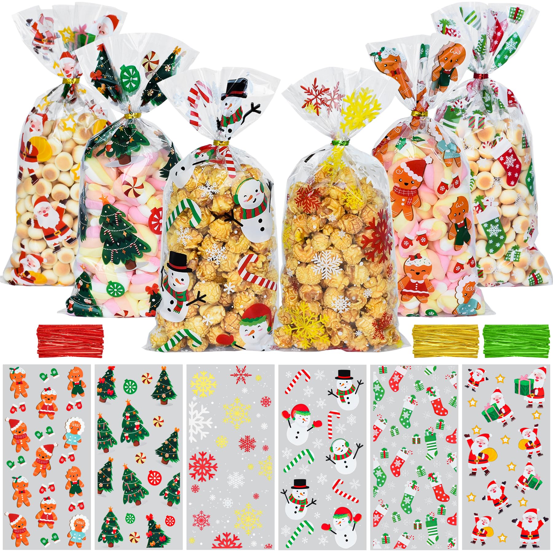 Tindobewan Christmas Treat Bags, 120Pcs Xmas Cellophane Goodie Bags with Twist Ties for Snacks Cookies Candy Gift Packing, Christmas Party Favors Supplies(10.6 x 5.1 Inches)
