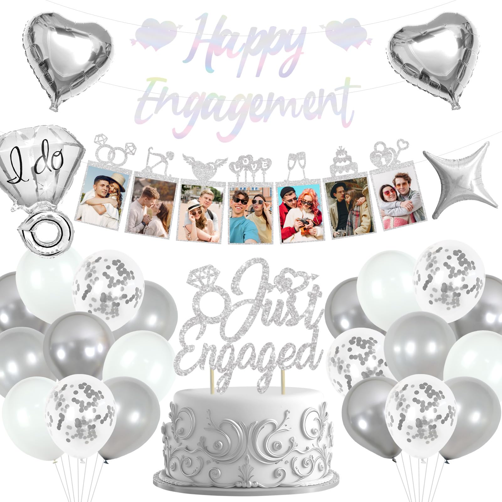 Trgowaul Engagement Wedding Decorations, Silver Happy Engagement Banner with 7PCS Photo Banner for Bridal Shower, Ring Foil Balloon, Just Engaged Cake Topper Bridal Shower Supplies