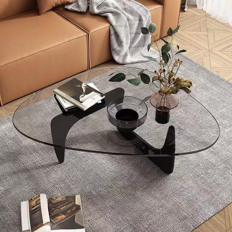 Triangle Coffee Table in Walnut Mid Century Modern Solid Wood Base and Triangle Clear Glass Coffee Table for Living Room Low Minimalist Tea Table Coffee Tables (36 * 25.6 * 16, Black Transparent)