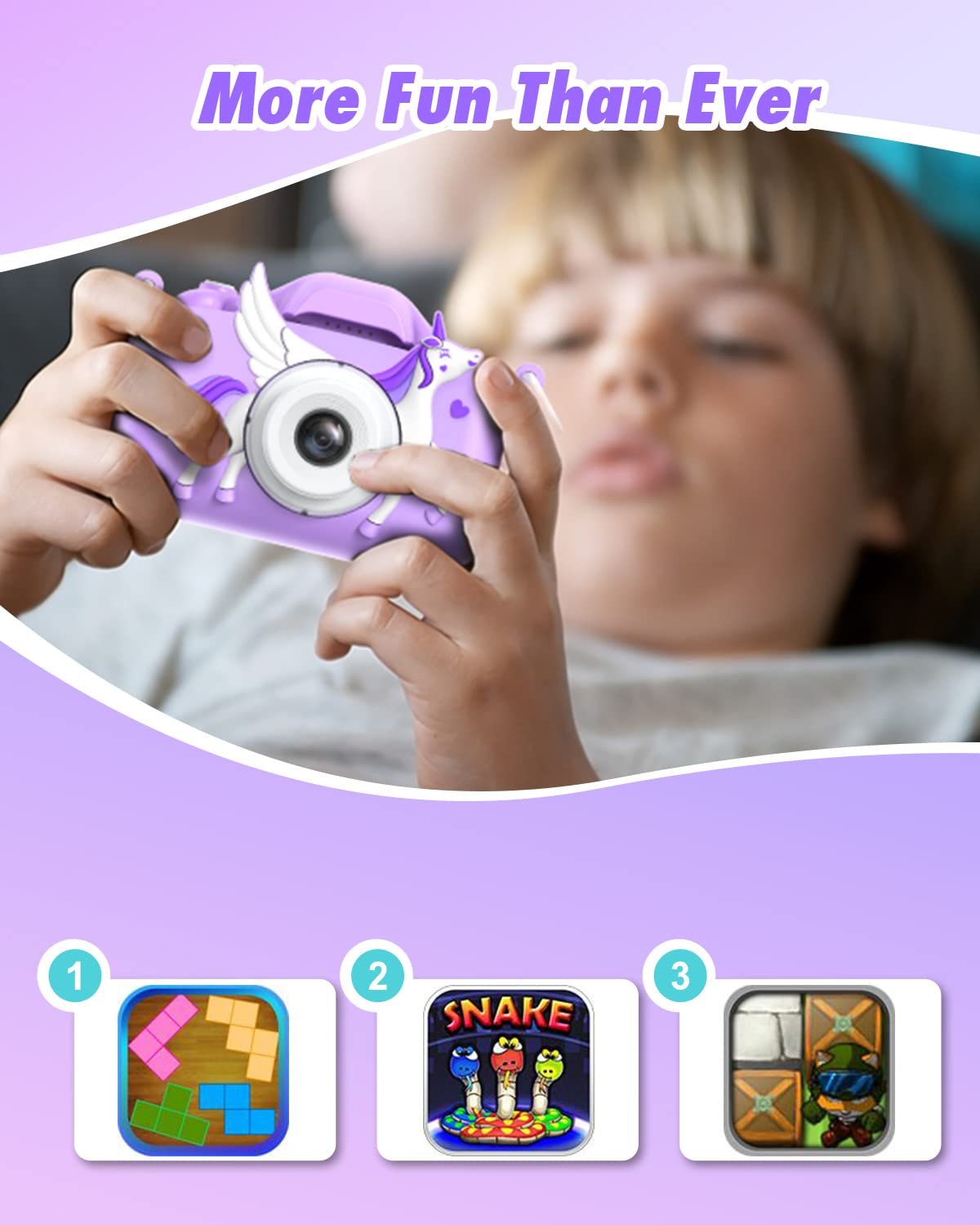 Slothcloud X5 Kids Digital Camera, Unicorn-Purple, 32GB Memory, Anti-Drop Silicone, 1080P Video, Multi-Functions, Selfie, Gift for Children