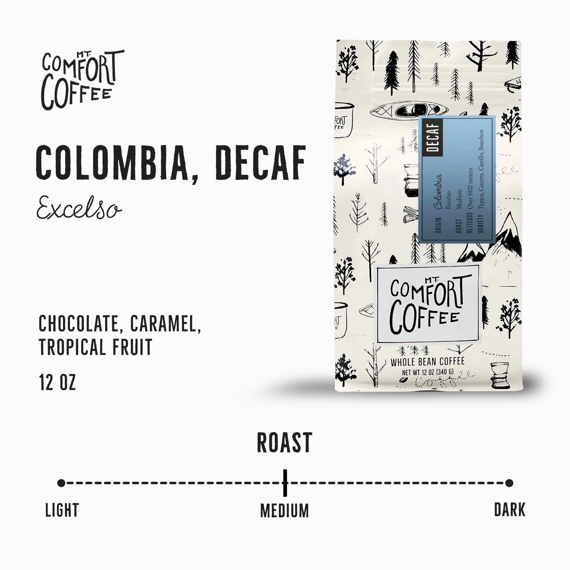 Mt. Comfort Coffee Decaf Colombia Medium Roast, 12 Ounce - Flavor Notes of Chocolate, Caramel and Tropical Fruit - Sourced From Small, Colombian Coffee Farms - Roasted Whole Beans