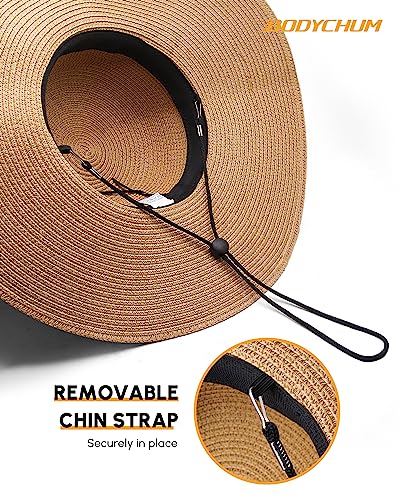 Womens Wide Brim Straw Sun Hat UV Protection UPF50 Foldable Beach Hat Floppy Packbale Summer Hat Travel(Khaki)