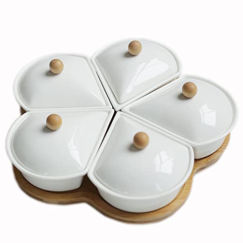 WMM 11 Inch Ceramic Divided Serving Dishes with Bamboo Tray and Lids, 5 Removable Snack Bowls Relish Tray for Candy, Nut, Fruits, Chips and Dip