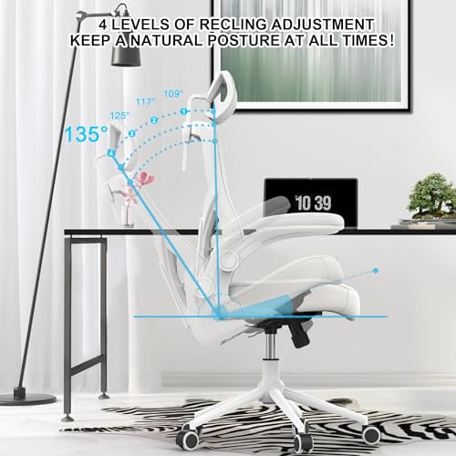 π―πΆπ΄π¬ πΆπππ°πͺπ¬ πͺπ―π¨π°πΉ, Ergonomic Mesh Desk Chair, High Back Computer Chair- Adjustable Headrest with Flip-Up Arms, Lumbar Support, Swivel Executive Task Chair (Modern, White)