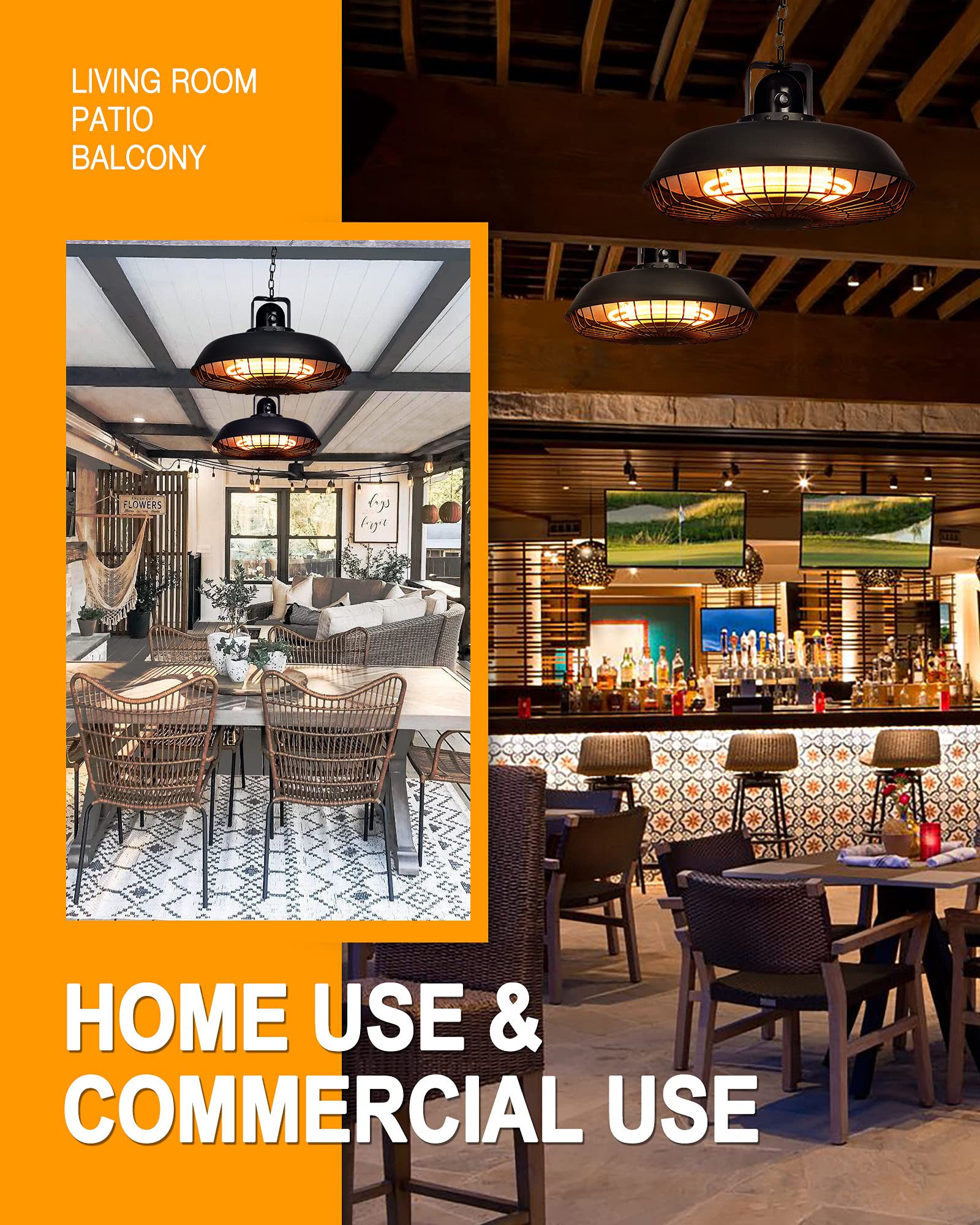 Star Patio Electric Patio Heater, Outdoor Ceiling Heater With Remote Control & Touch Switch, 700/800/1500W Hanging Patio Heater With UFO Shape Sandy Black, Infrared Heater, IP44 Waterproof, STP2036-B