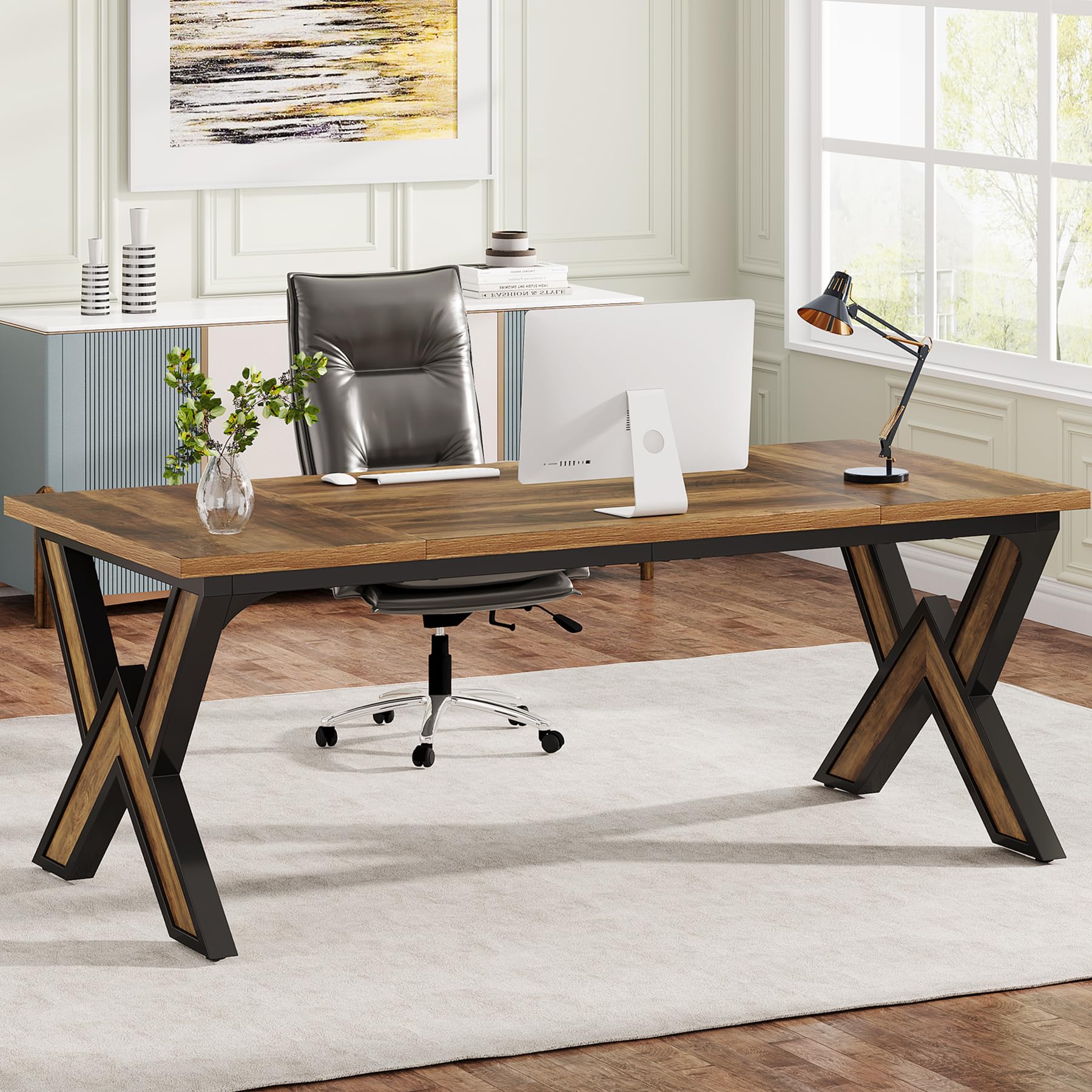 Tribesigns 63 Inches Large Office Desk, Modern Executive Computer Desk with Thickened Frame and Board, Executive Office Desk Workstation Business Office Furniture, Rustic Brown & Black