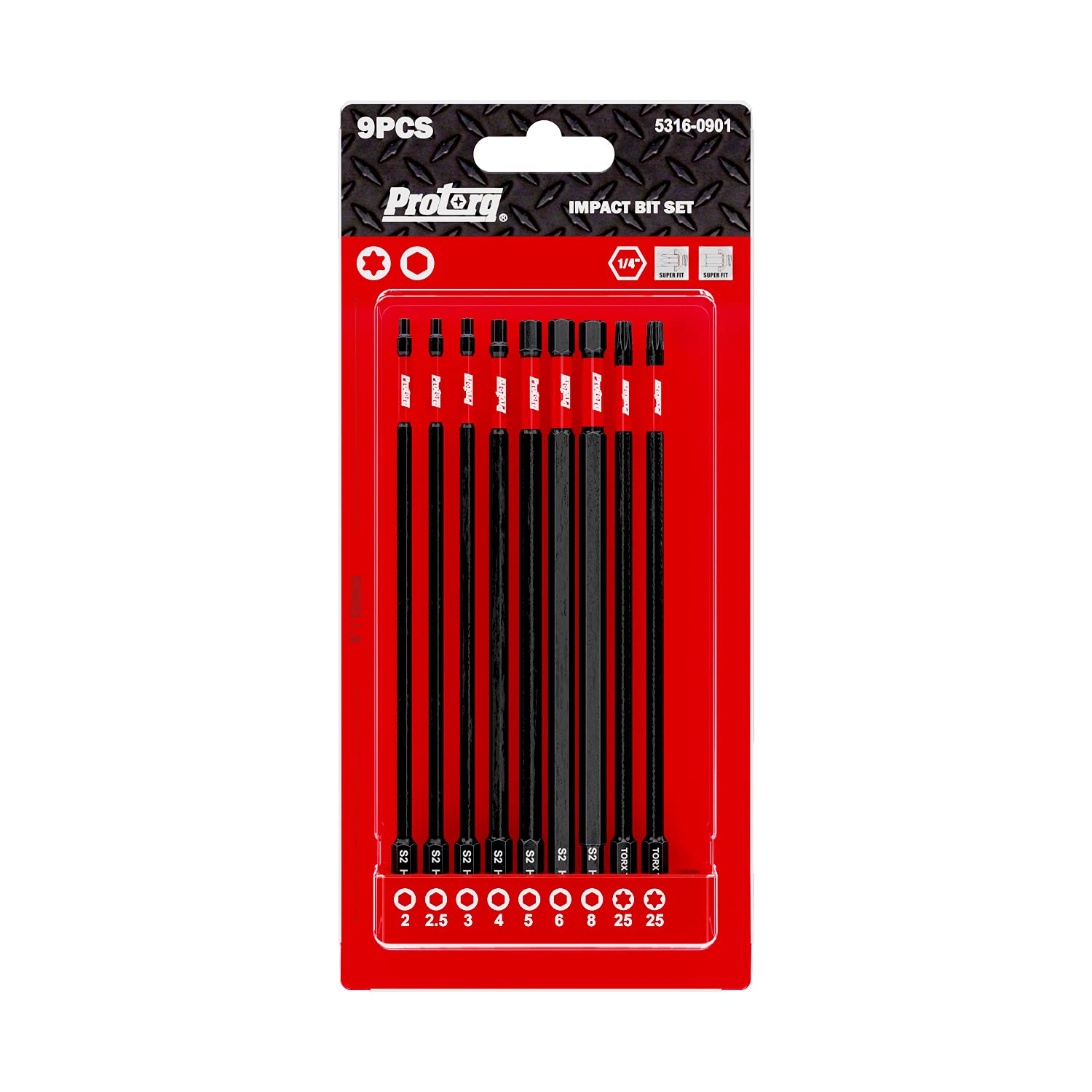 Protorq Long Impact Bit Set, Hex H2-H8,TORX T25, 6-Inch Length, 9-Piece,Industrial Strength, 1/4" Hex Shank, widely used in motorcycle, bike maintance.