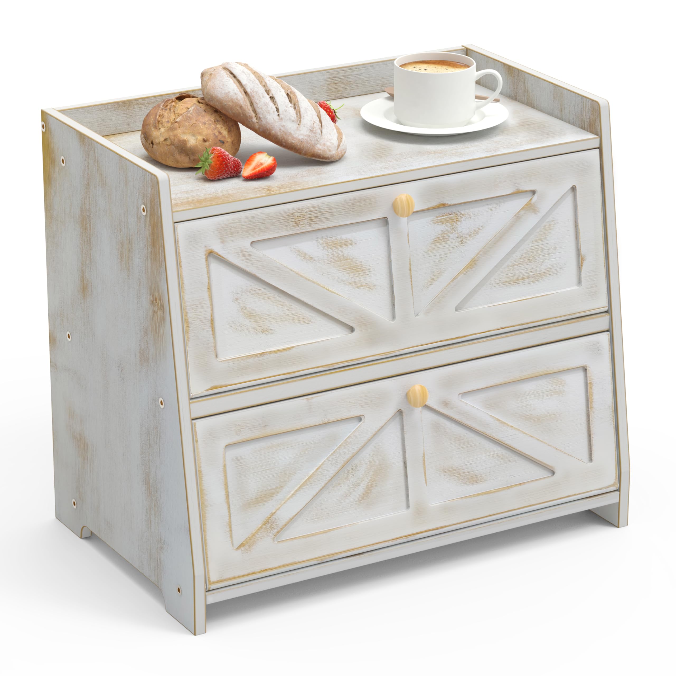 Trironsun Vintage Double Layer Bread Box for Kitchen Counter Bamboo Bread Storage Container Large Capacity Bread Storage Bin (Antique White)