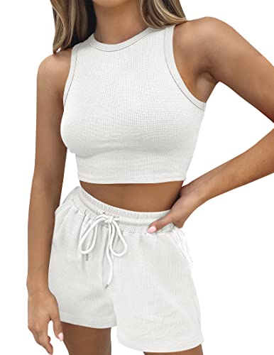ZESICA Women's Waffle Knit Sleeveless Crop Top and Shorts Pullover Nightwear Lounge Pajama Set with Pockets,CropWhite,Small