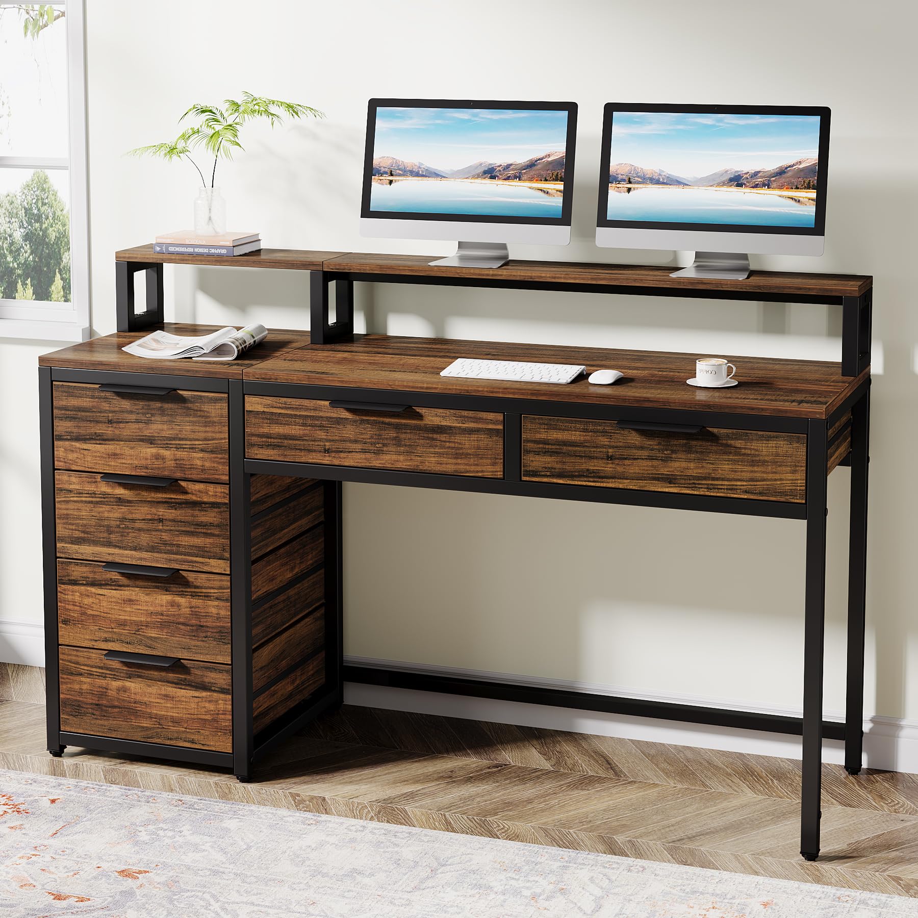 Tribesigns Computer Desk with 6 Drawers, 55-Inch Home Office Desk with Monitor Stand, Industrial PC Study Desk Writing Table Workstation for Home Office, Rustic Brown