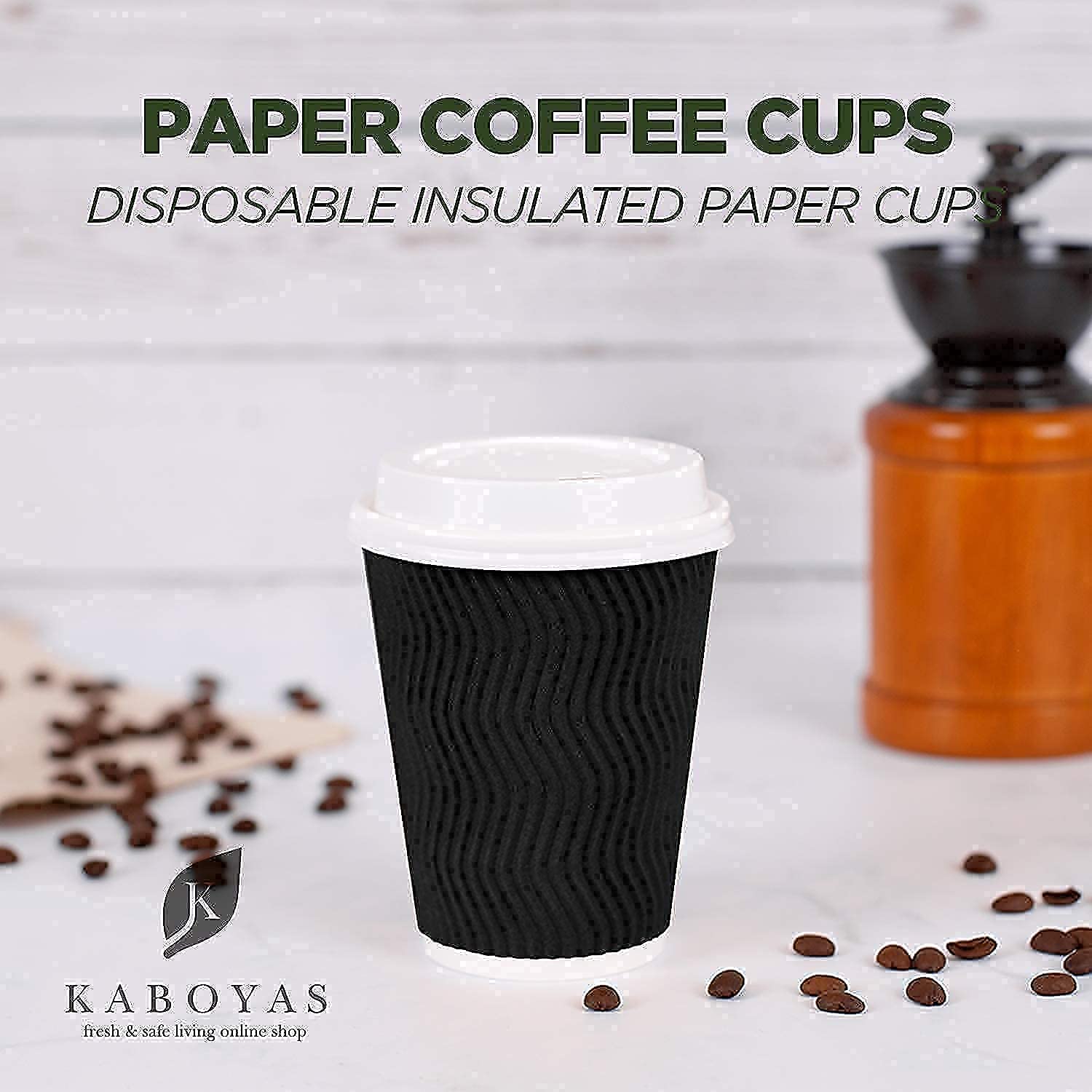 KABOYAS 12 oz [100 Set] Togo Disposable Black Paper Coffee Cups with Lids | Hot Beverages | Expresso | Tea | Coffee | Latte | Hot Chocolate | Cocoa