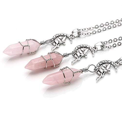 Jovivi Natural Rose Quartz Crystal Necklace Gemstone Hexagonal Healing Stone Point Chakra Pendant Necklace 24"
