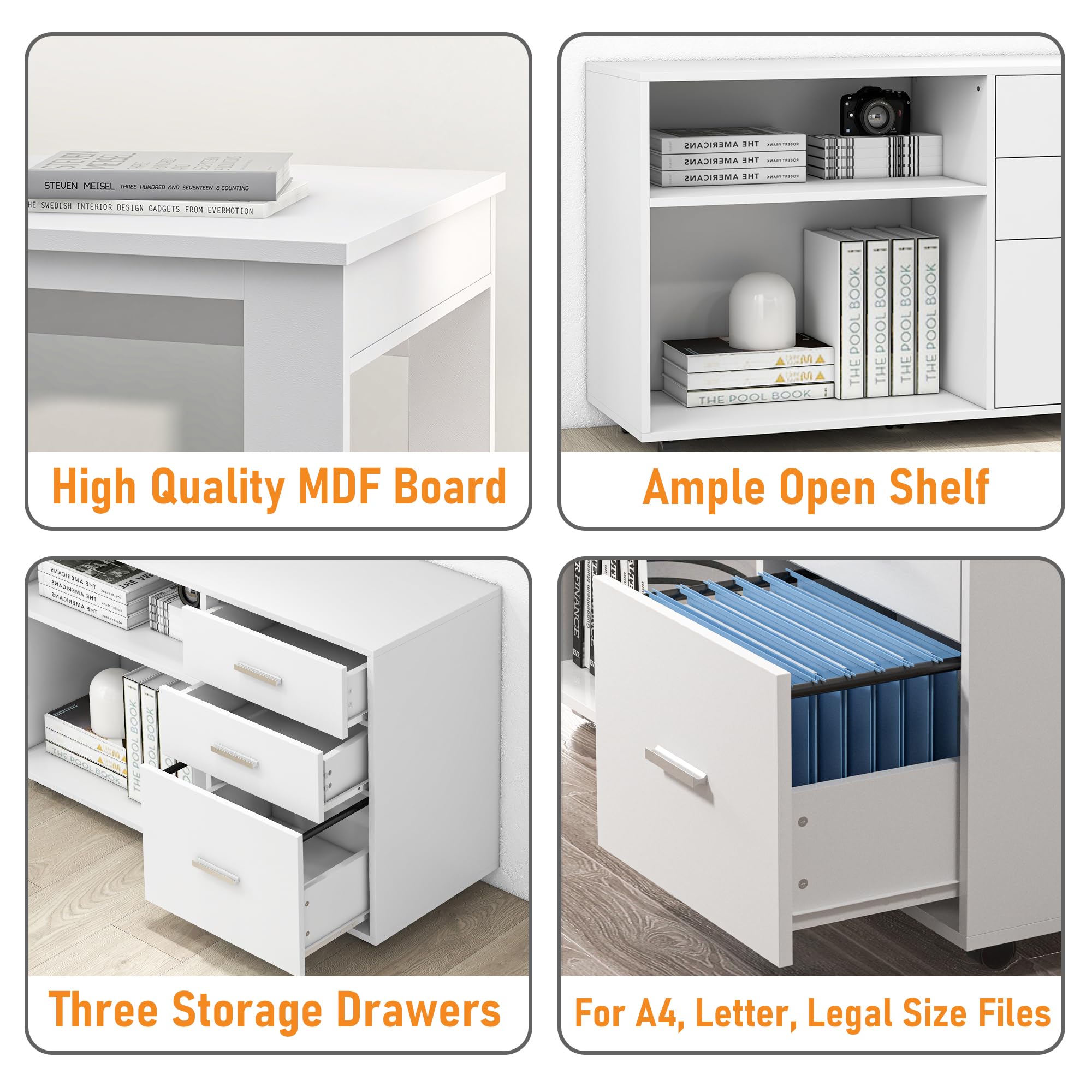 IdeaKey White L Shaped Desk with Drawers, Corner Desk with 3 Drawers and 2 Open Shelves, Computer Desk with Storage File Cabinet, Executive Desk for Home Office Workstation, Bedroom, 55 inch