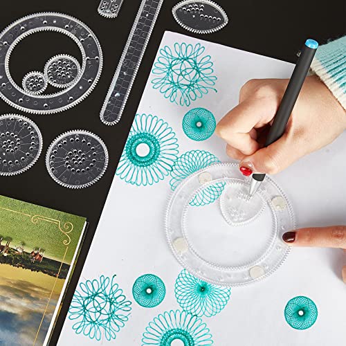 Spiral Art Clear Gear Geometric Ruler 28 Pcs Spiral Circle Template for Drawing Plastic Template Ruler Drawing Toys Spiral Curve Stencils with Pens Paper for Drawing DIY Art Crafts Sketch Creation