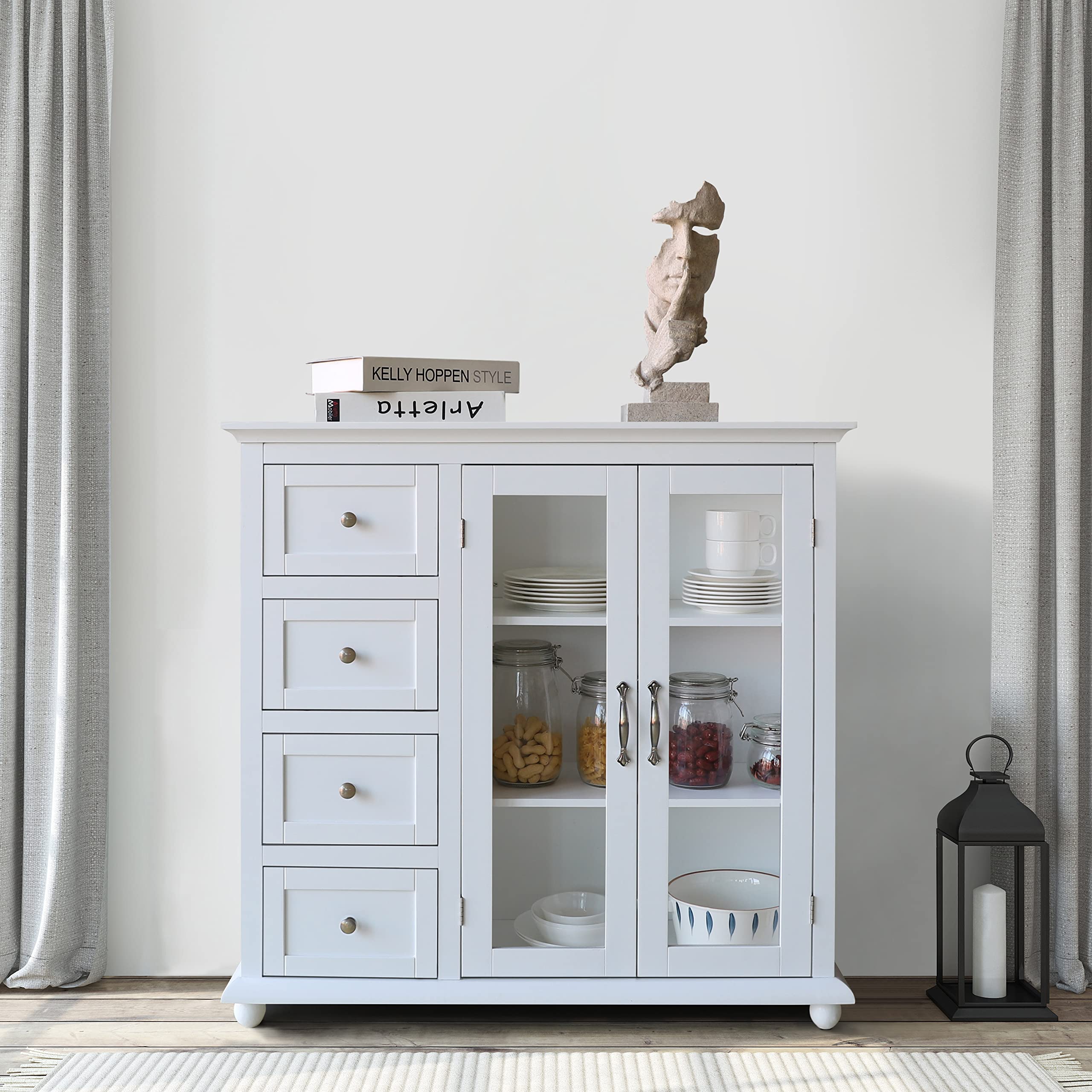 MUPATER Kitchen Buffet Sideboard Storage Cabinet, Floor Cupboard Cabinet with 2 Glass Doors and 4 Drawers for Home Dining Room, Living Room and Entryway, Dark Grey