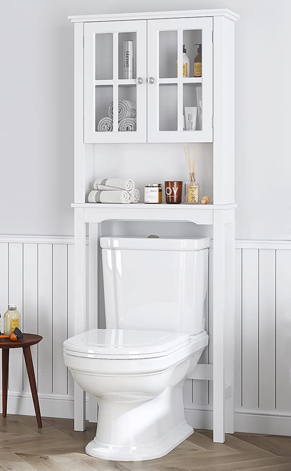 Spirich Bathroom Storage Cabinet Over Toilet, Over Toilet Storage Shelf Cabinet with Windowpane Glass Doors, Free Standing Space Saver Cabinet, White