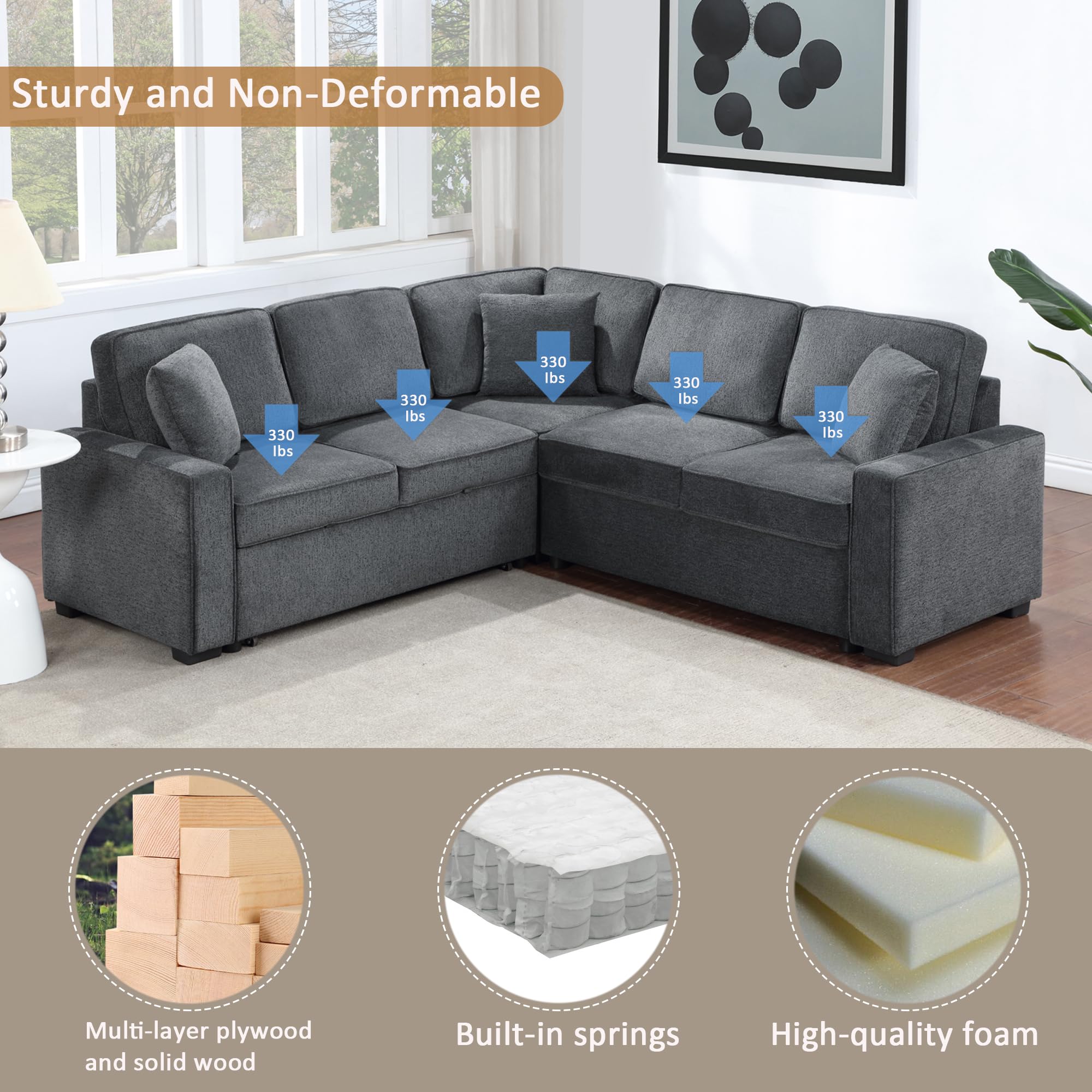 THSUPER 82'' Chenille L-Shaped Sleeper Sectional Sofa with Pull-Out Bed & Reversible Convertible Feature for Living Room, 5-Seater with 3 Pillows Included. Dark Grey