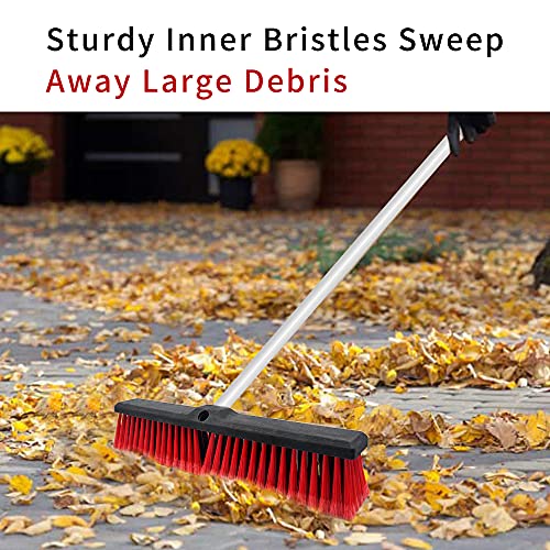 Push Broom, 18'' Heavy Duty Outdoor Broom with Adjustable Long Handle, Garage Broom for Cleaning Bathroom Kitchen Living Room Deck Patio Garage Driveway