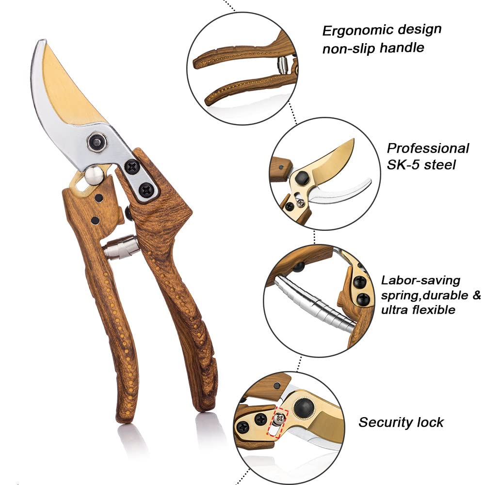 Pruning Shears, Professional Sharp Garden Shears, SK-5 Stainless Steel Pruners for Gardening, 8”Bypass Hand Pruners for Plants, Gardening, Trimming, Gardening Tools(Grain Wood)
