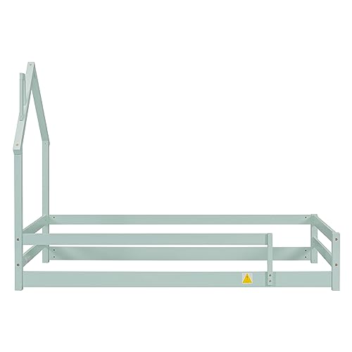 SIYSNKSI Twin Size Platform Bed, Wooden Platform Bed Frame with House-Shaped Headboard, Floor Bed with Fences for Kids Boys Girls Bedroom, Easy Assembly (Light Green + Pine 04)