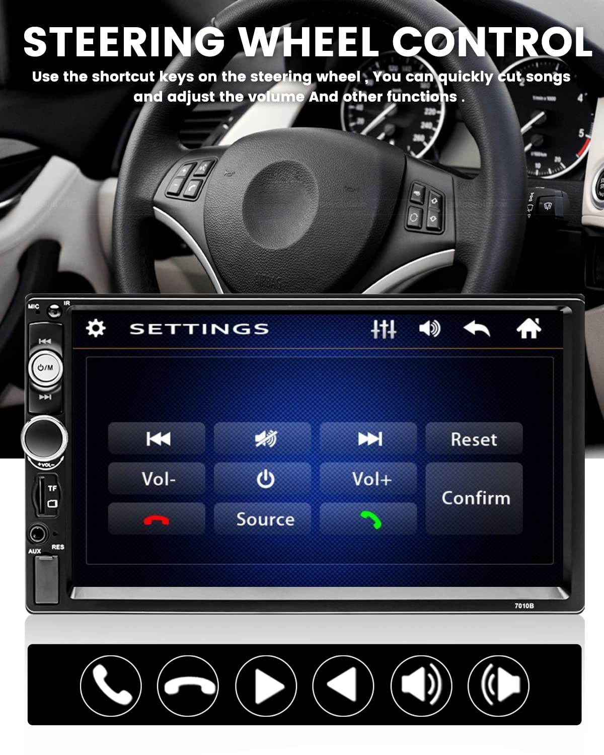 Hikity Double Din Car Stereo Radio with Backup Camera 7 Inch Touch Screen Car Radio Support Mirror Link Bluetooth Handsfree FM Audio Receiver Wireless Remote Control Steering Wheel Control
