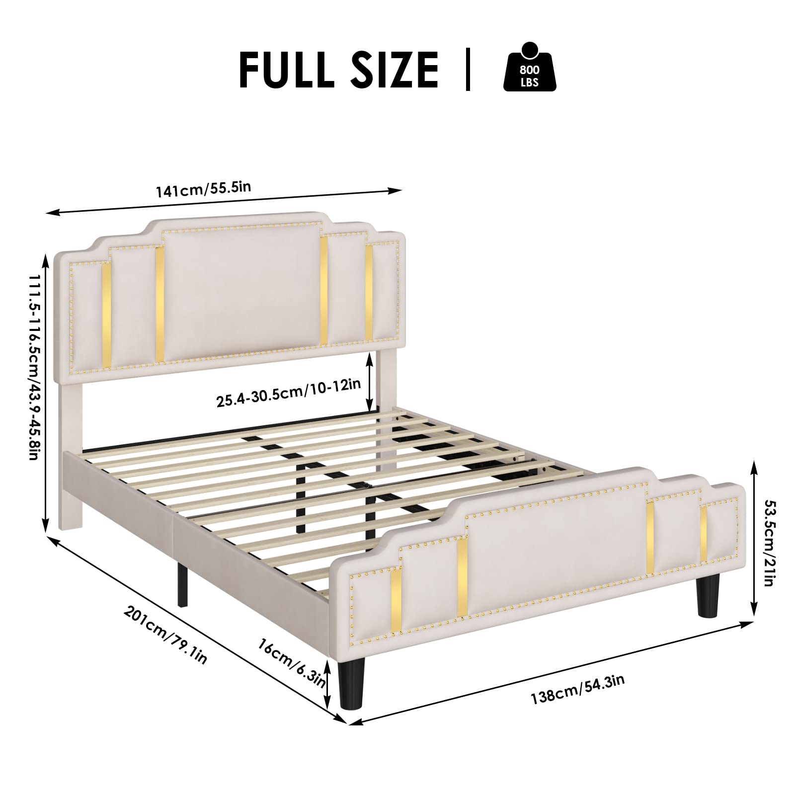 HIFIT Beige Queen Size Bed Frame and Height Adjustable Headboard, Mid-Century Modern Velvet Upholstered Platform Bed Frame with Golden Iron Slice & Nails, 43.9"-45.8" H