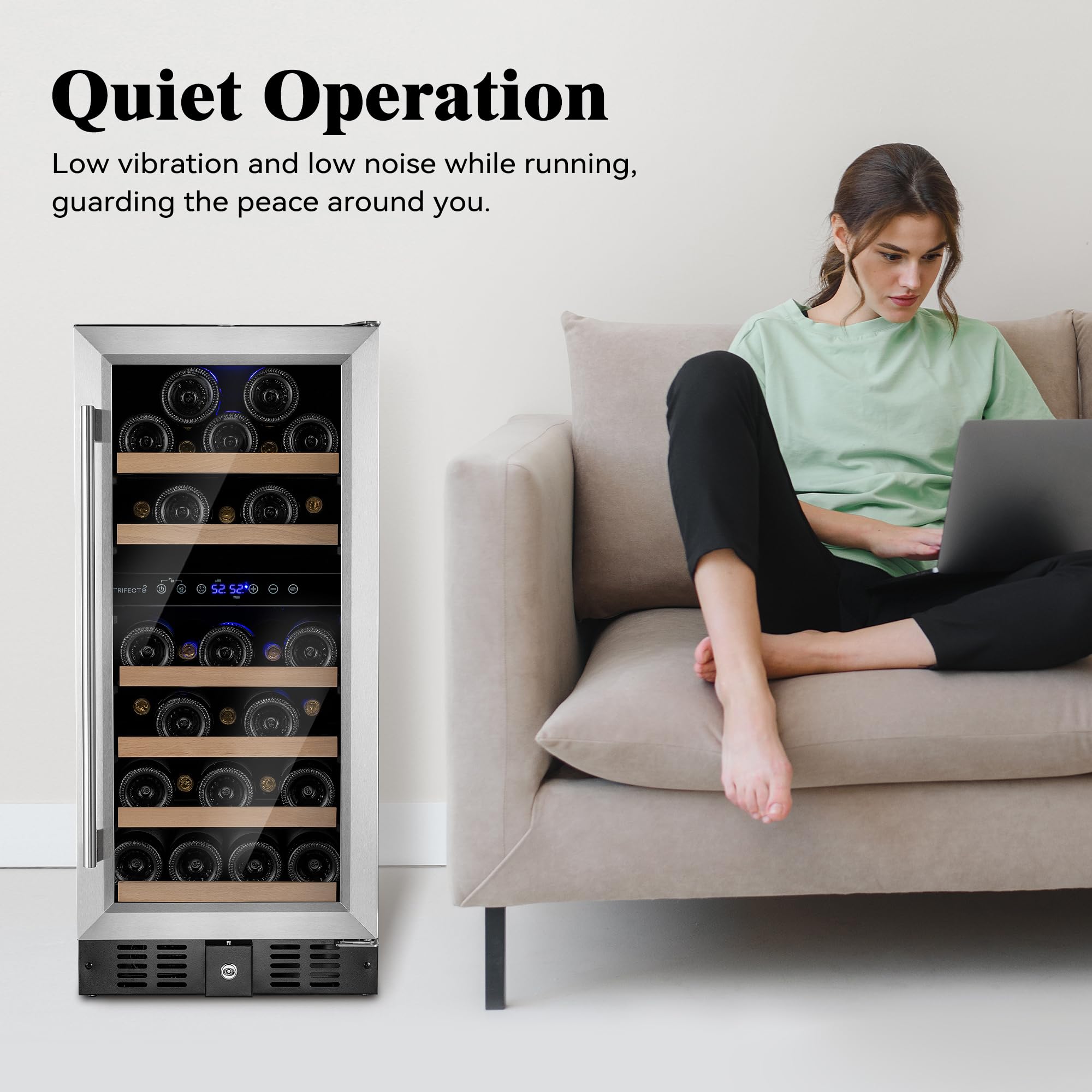 TRIFECTÉ Wine Cooler Refrigerator 15", 31 Bottles Dual Zone Wine Fridge, Built-in or Freestanding Small Wine Cellar with Compressor & Reversible Stainless Steel Tempered Glass Door