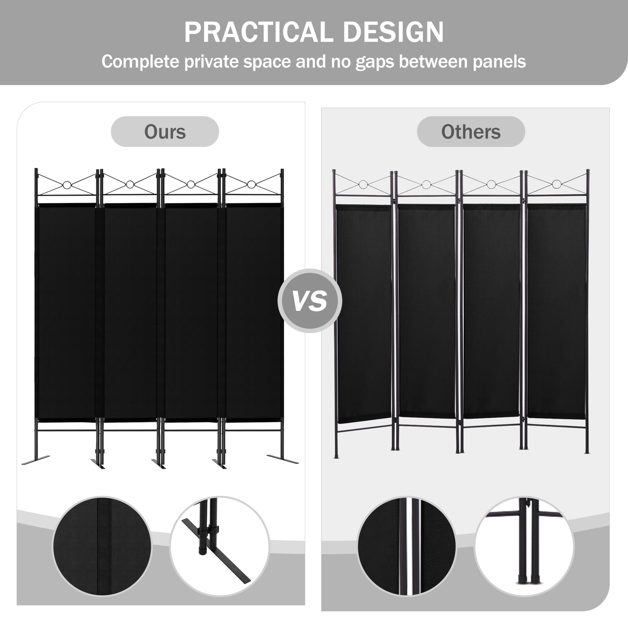 JAXPETY Upgraded 4-Panel Room Divider, 6 Ft Folding Privacy Screen with Pedestals, Freestanding Wall Divider, Portable Office Separator Bedroom Dorm Home Partition (Black)