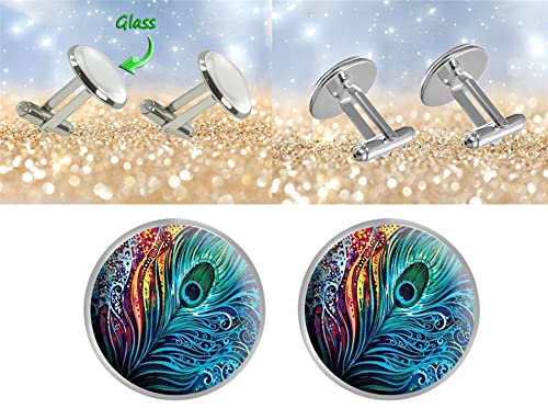 LCTCKP Custom Personality Men's 2PCS Fashion Dazzling Shirt Cuff links Initial Silver Round Wedding Cufflinks (Peacock Feather)