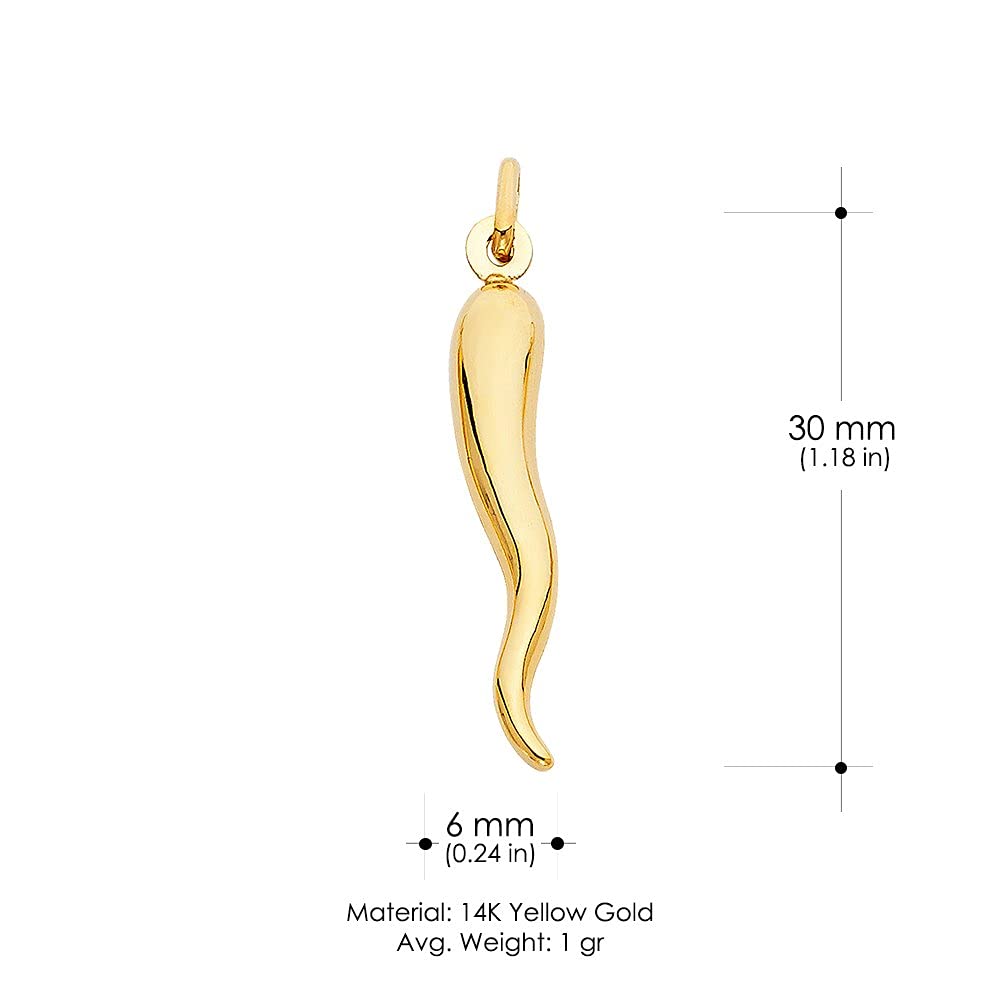 Ioka - 14K Yellow Gold Cornicello Italian Horn 30MM Charm Medium Size Good Luck Pendant For Necklace or Chain