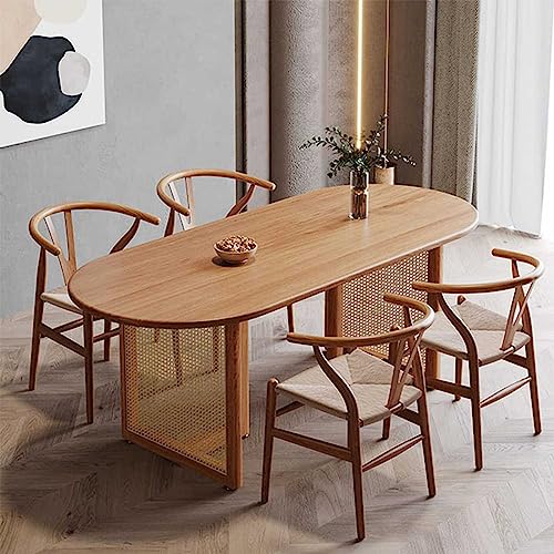 Solid Wood Oval Dining Table Farmhouse Wooden Mid-Century Modern Kitchen Dining Room Table with Rattan Double Pedestal | Elegant Furniture for Stylish Home DĂŠcor