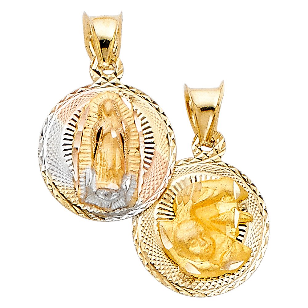 Ioka 14K Tri Color Gold Diamond Cut Double Side Stamp Virgin Mary Baptism Charm Pendant with 1.5mm Valentino Chain Necklace - 18"