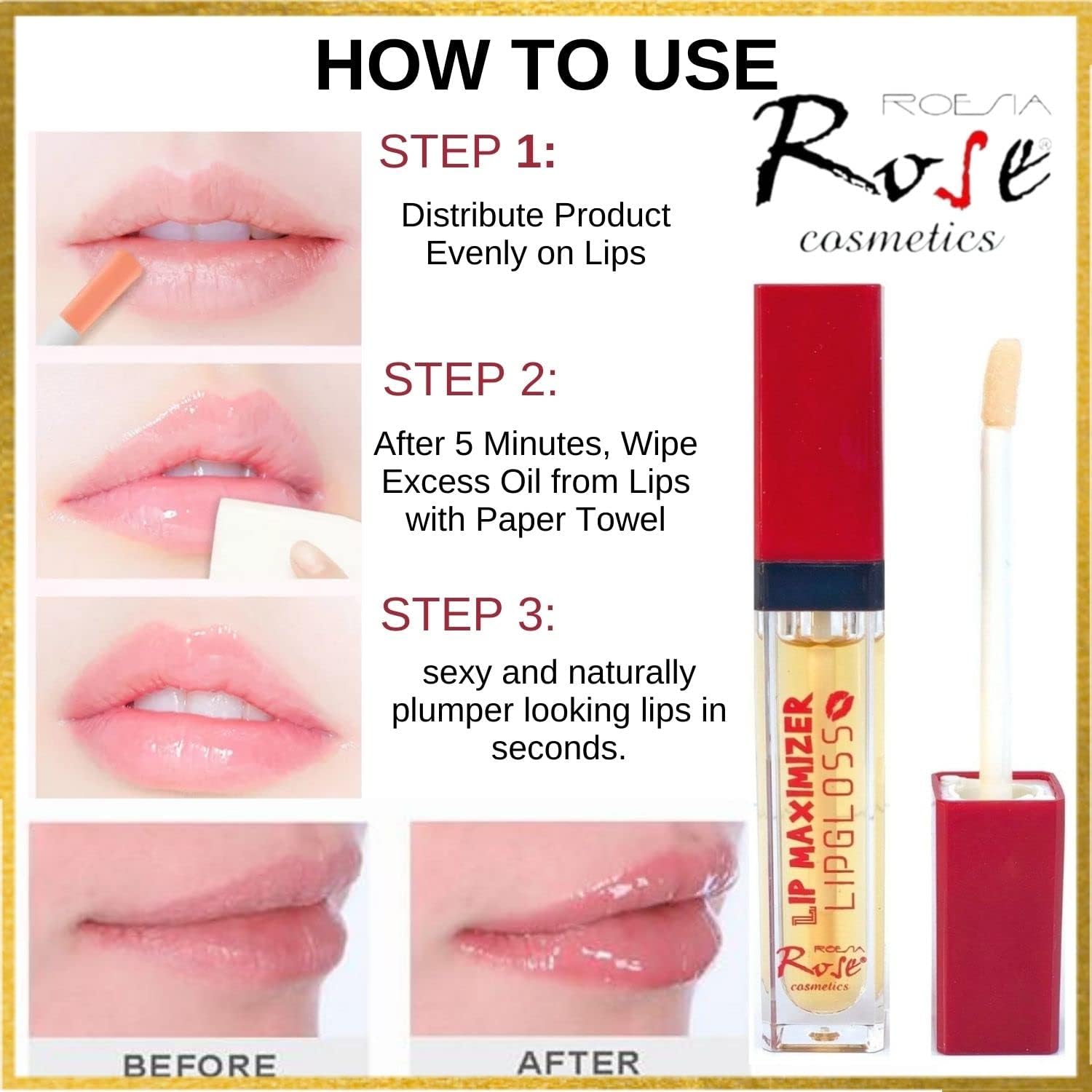 ROESIA Rose cosmetics Effective lip plumping lip gloss used by world stars for magnificent full lips.