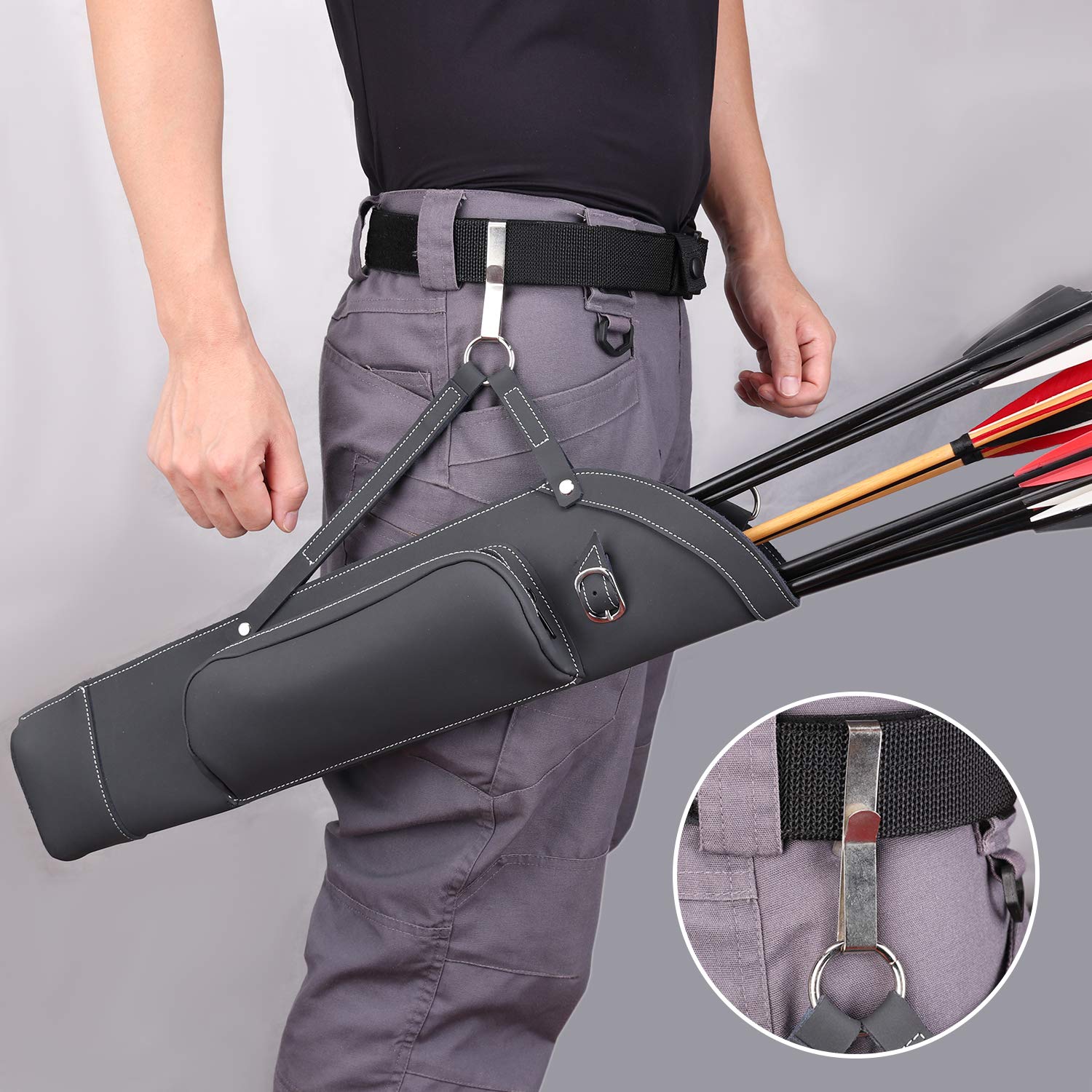 KRATARC Archery Dual Use Leather Back Arrow Quiver Hip Quiver Waist Hang Side with Adjustable Strap Belt Clip (Black)