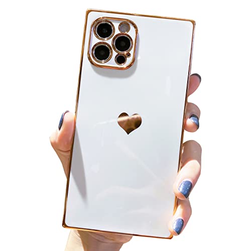 Tzomsze Compatible for iPhone 13 Pro Case Square,Cute Aesthetic Full Camera Protection & Electroplate Reinforced Corners Shockproof Edge Bumper Silicone Case [6.1 inches] -Candy White