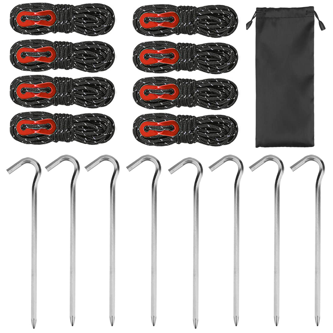 KRATARC Outdoor Camping Tent Stake Pegs with Guyline Guy Rope Adjuster Tensioner Backpacking Hiking (Black- 8PCS)