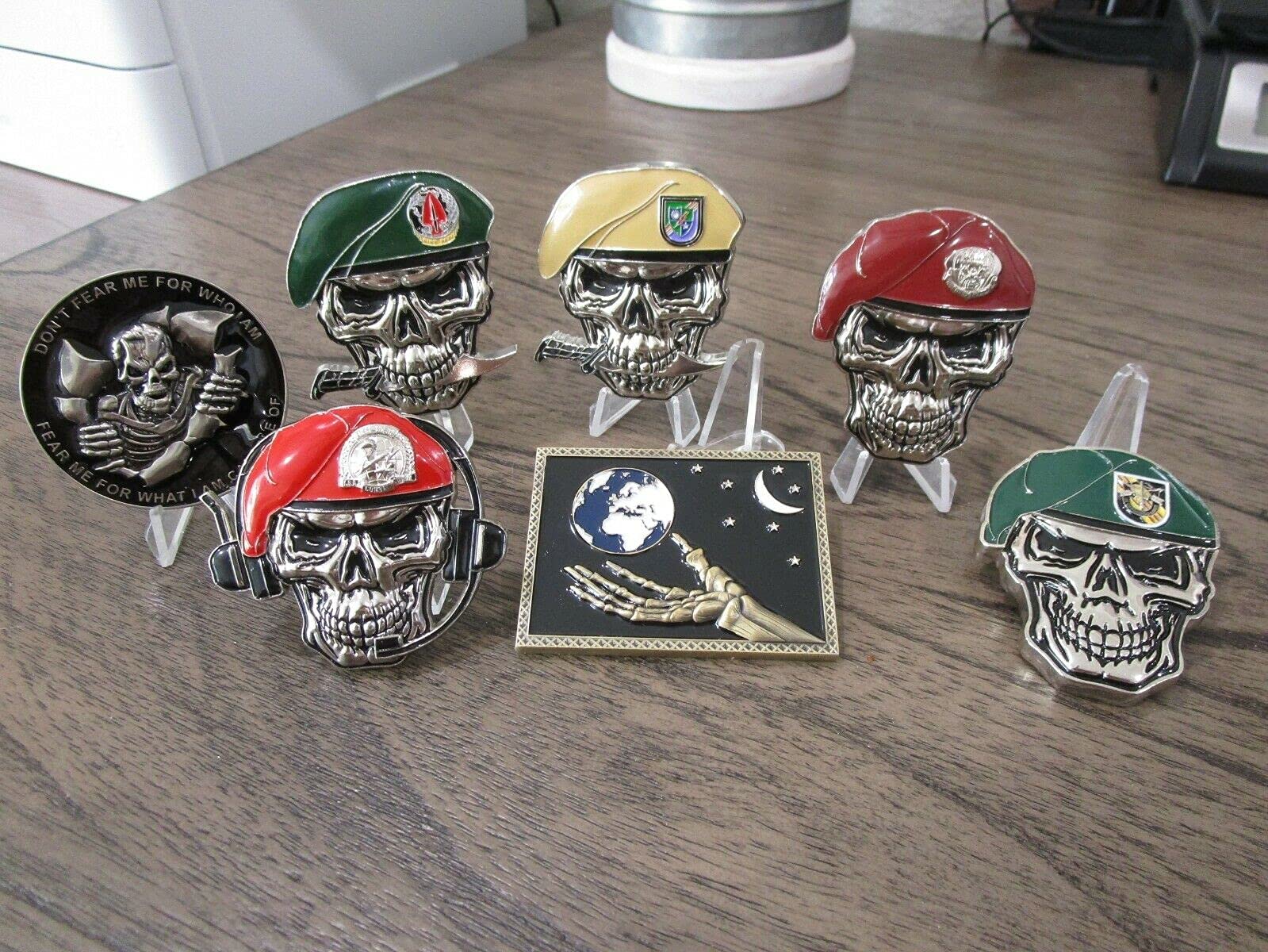 Set of 7 Special Forces Skull Challenge Coins JSOC US Special Operations Command US Army Ranger USAF Pararescue USAF Combat Control Green Berets & Army Delta Force