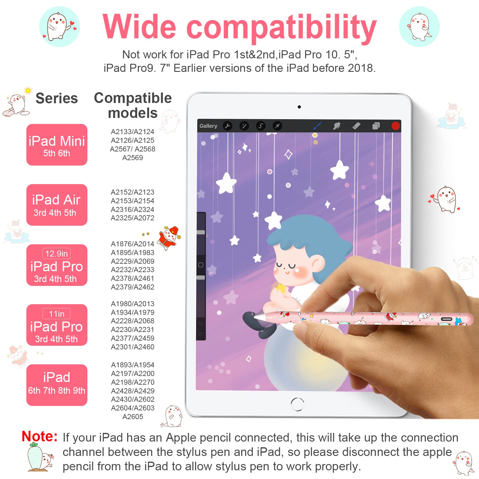 Stylus Pen for iPad,Compatible with Apple iPad 2018 and Later, iPad Pro 11&12.9 inch, iPad 6/7/8/9th, iPad Mini 5/6, iPad Air 3/4/5 Gen(Pink)
