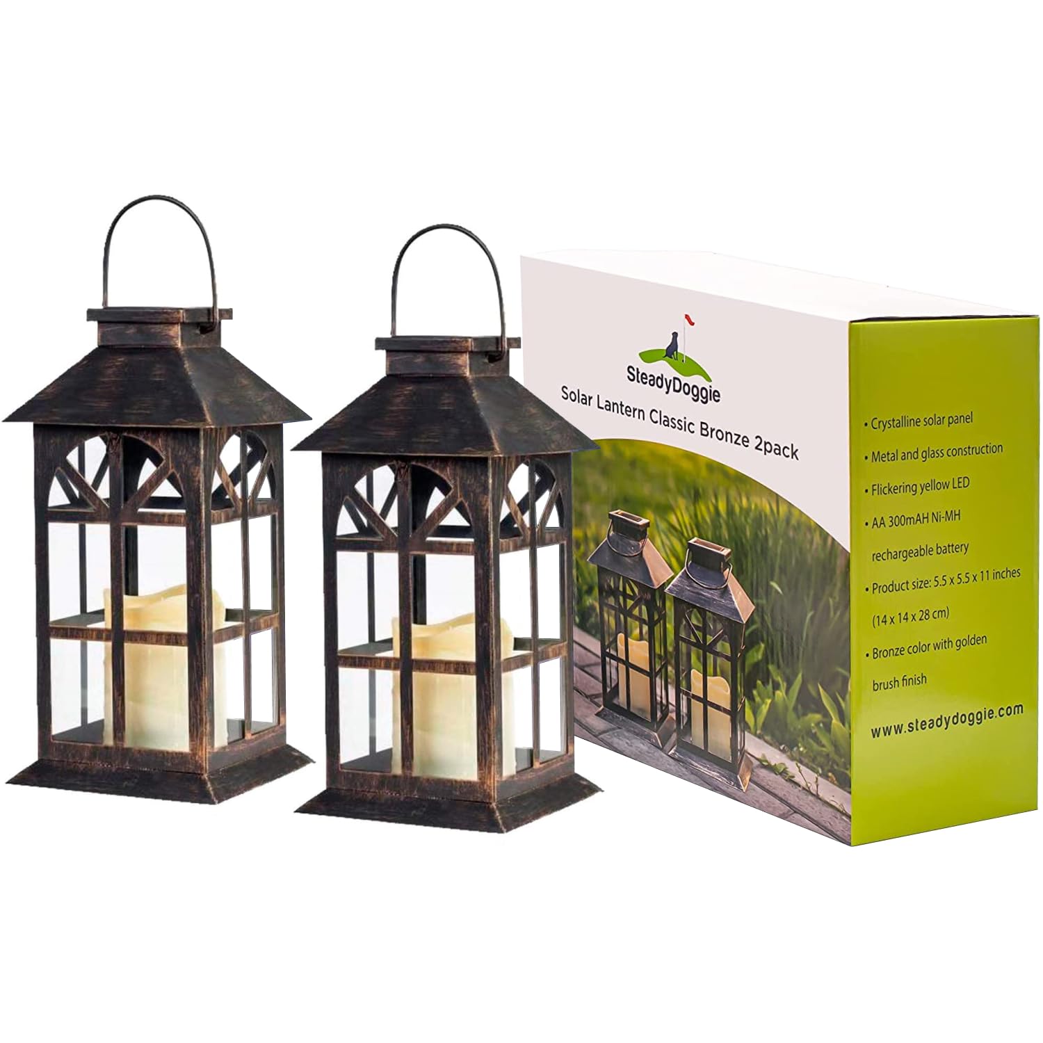 SteadyDoggie Solar Lantern Classic Bronze 2 Pack - Hanging Solar Lights with Flickering Candle LED - Retro Ornate Hanging Solar Lantern with Handle (Bronze, 2)