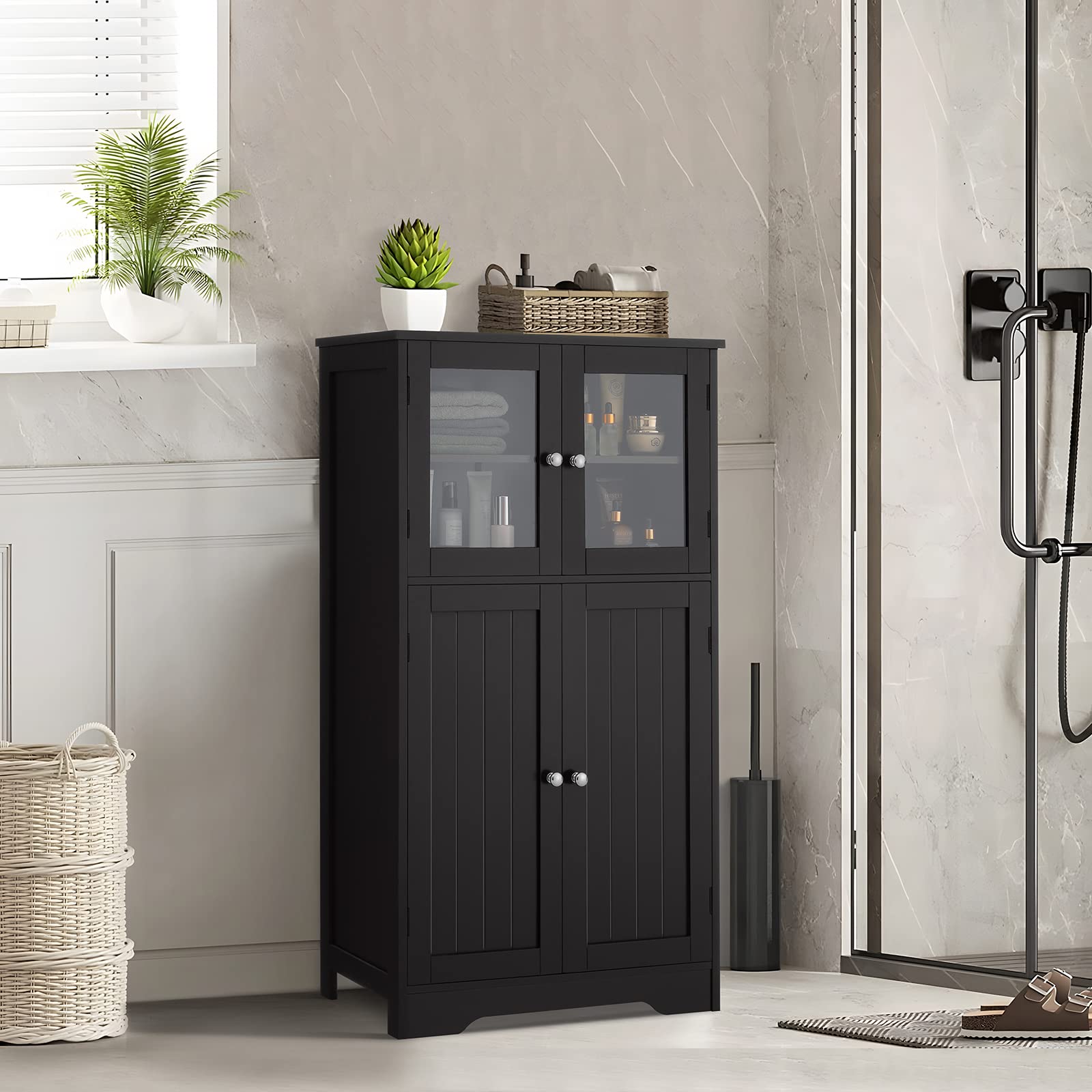 Iwell Freestanding Bathroom Cabinet with 4 Doors, Adjustable Shelves, 11.8 x 23.6 x 42.7 Inches, for Living Room, White
