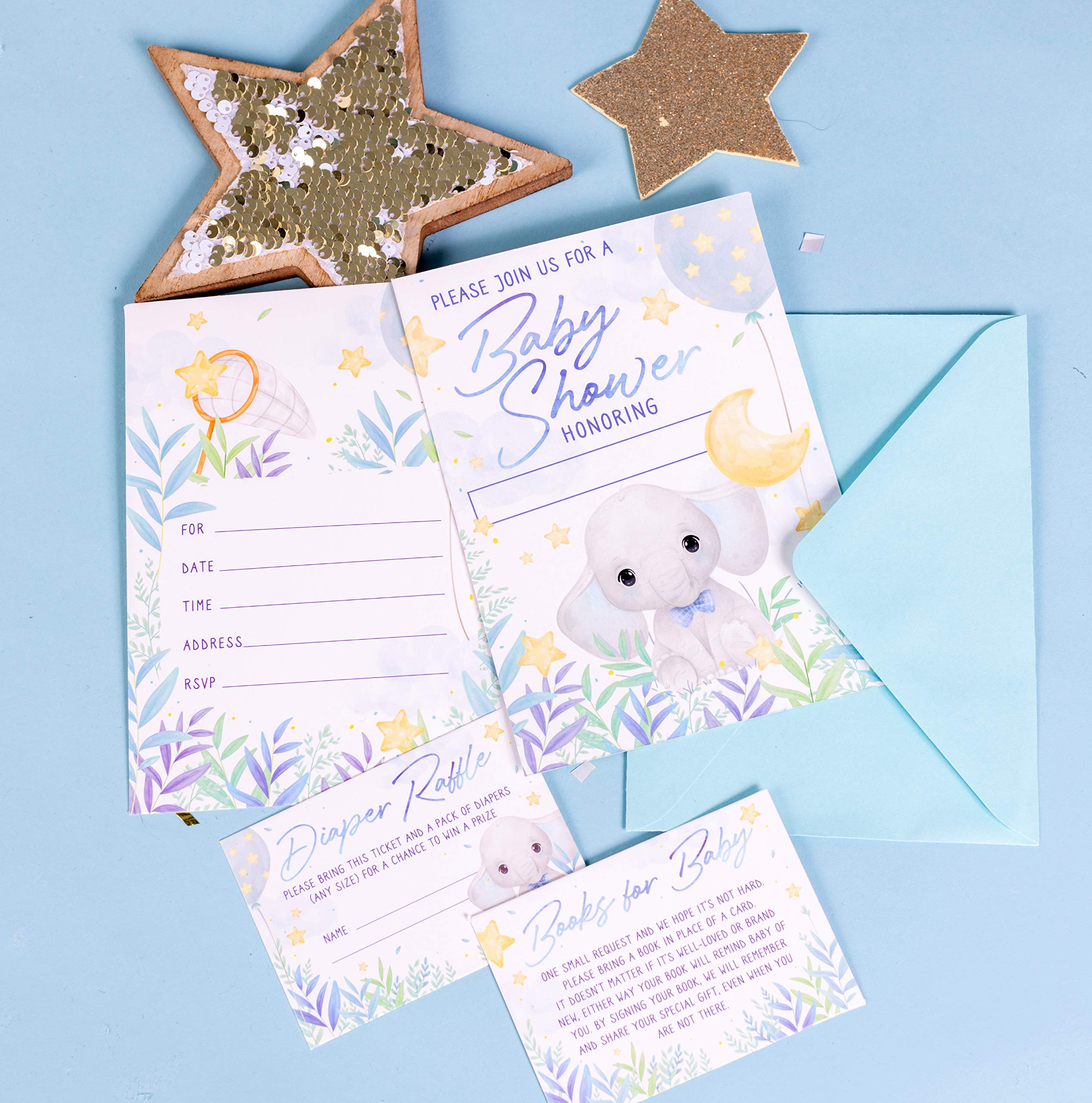 Joyful Toys 20 Baby Shower Elephant Invitations With 20 Envelopes, 20 Diaper Raffle Cards, 20 Baby Shower Book Request Cards