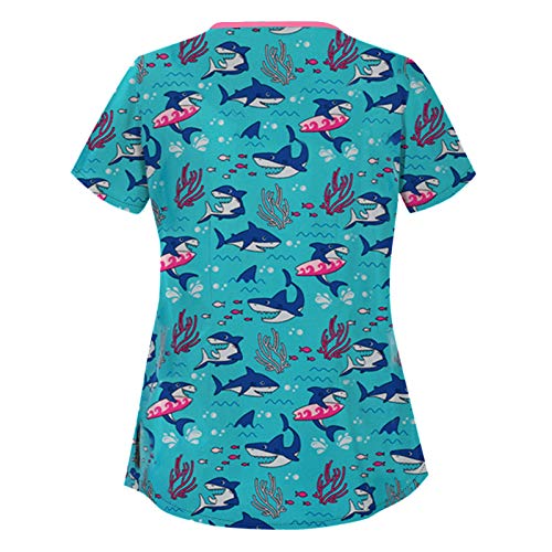 Women's Cute Funny Printed Scrub_Top Short Sleeve Workwear Womens Working Uniform Jogger Scrubs Shirts with Pocket D-Blue